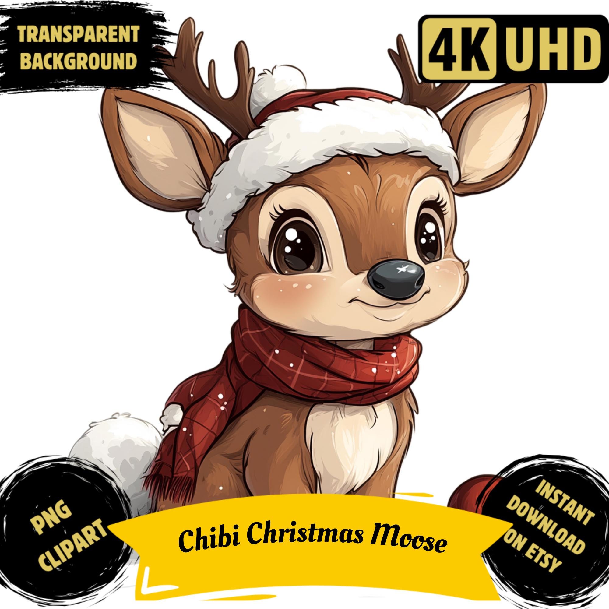 Chibi Christmas Moose PNG Clipart Bundle, Whimsical Xmas Animal ...