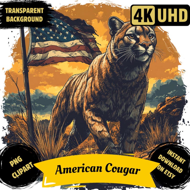American Cougar PNG Clipart Bundle, Watercolor USA Themed Cougar With ...