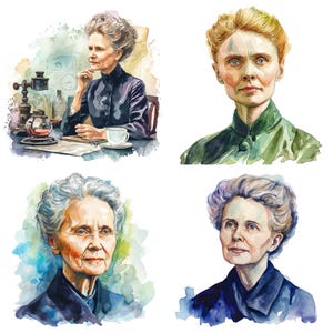 30 Marie Curie JPG Clipart Bundle, Watercolor Science Icon Curie ...