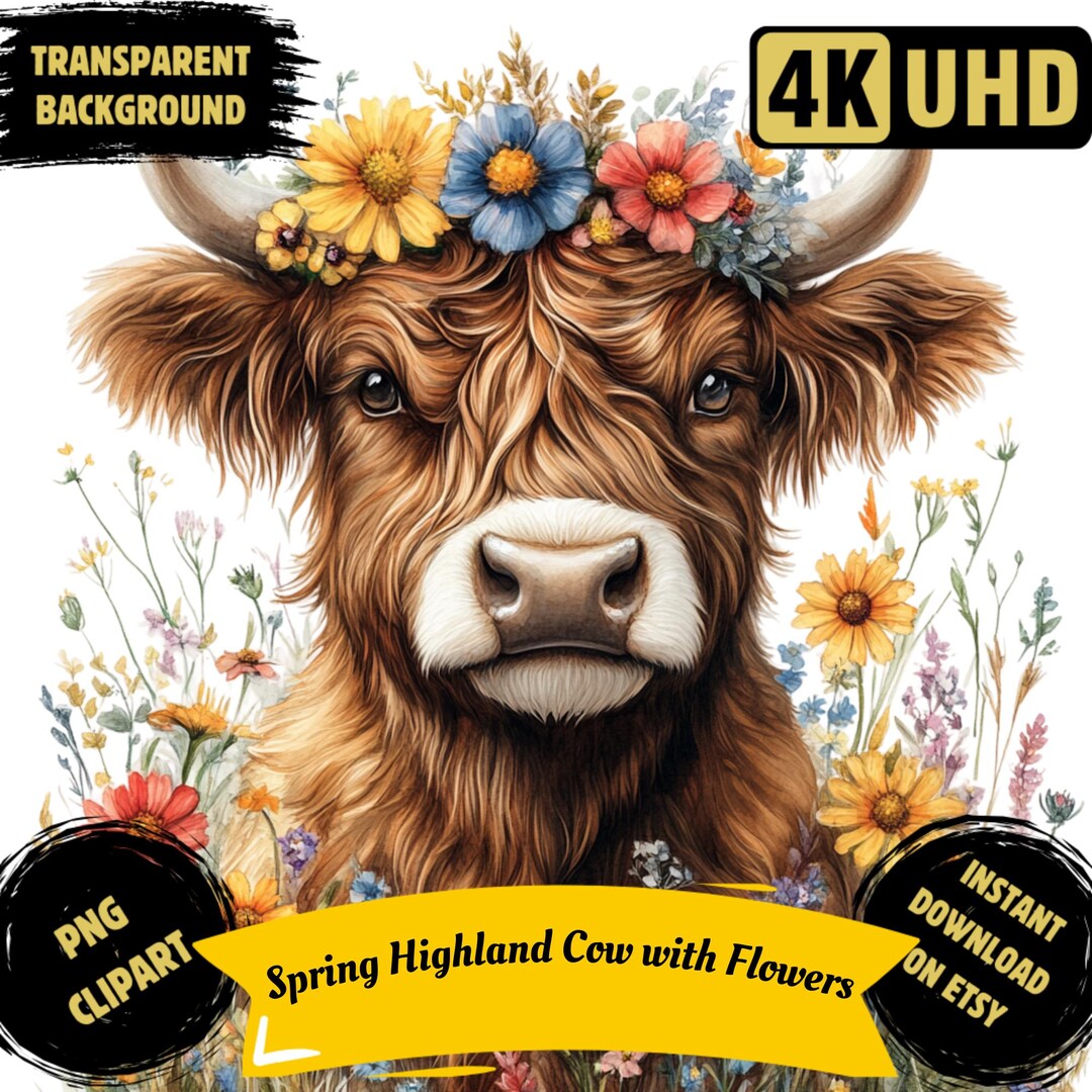 Spring Highland Cow With Flowers PNG Clipart Bundle, Watercolor Floral ...