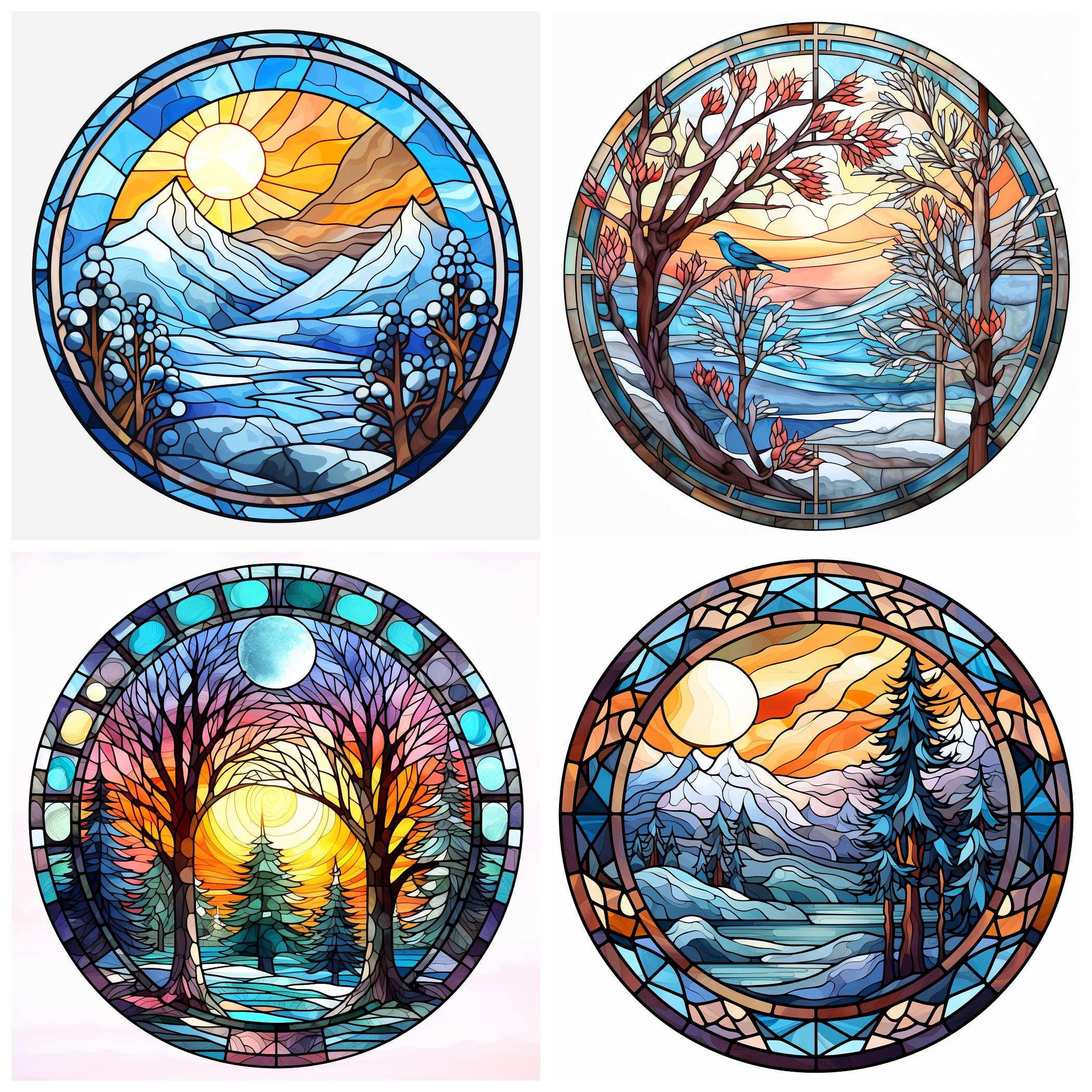 32 Winter Stained Glass PNG Clipart Bundle, Watercolor Colored Snowy ...
