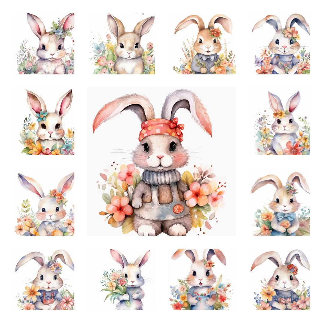 13 Funny Bunny PNG Clipart Bundle, Watercolor Floral Bunny Wall Art ...