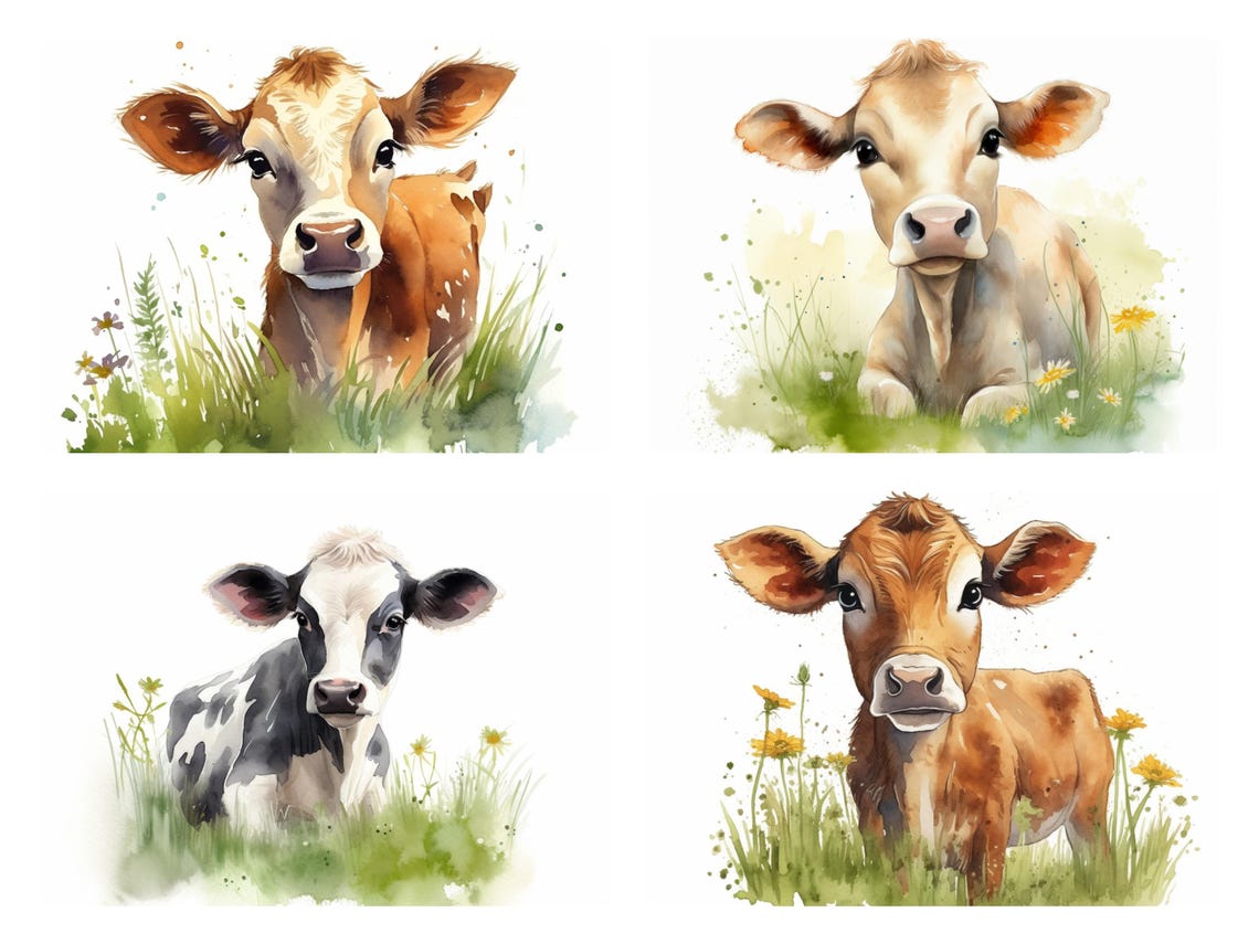 30 Cute Calf PNG Clipart Bundle, Watercolor Nursery Baby Cow Wall Art ...