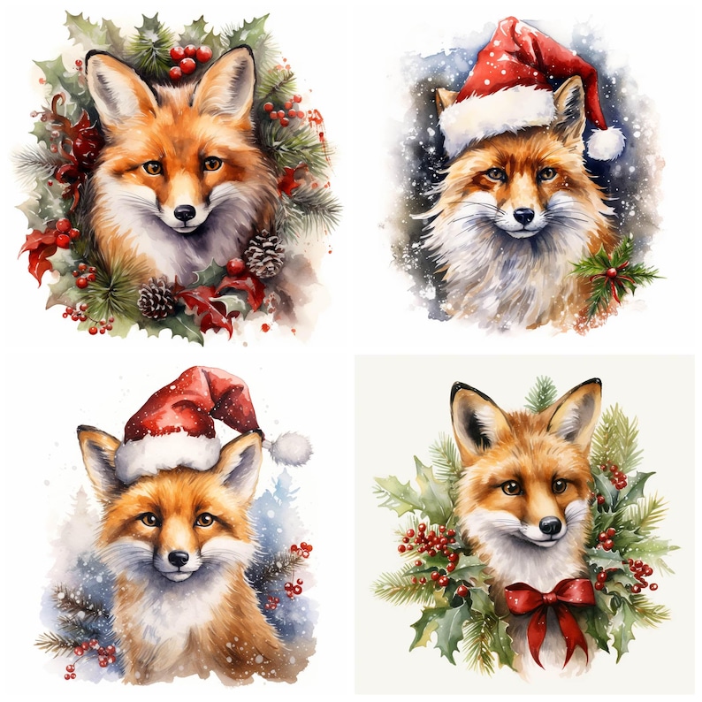 32 Christmas Fox PNG Clipart Bundle, Watercolor Festive Fox POD Images ...