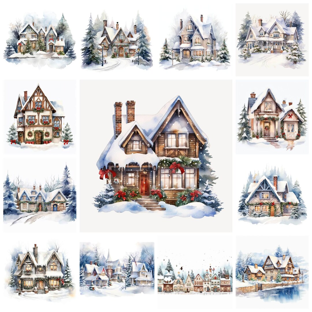 20 Christmas House PNG Clipart Bundle, Watercolor Holiday Themed House ...