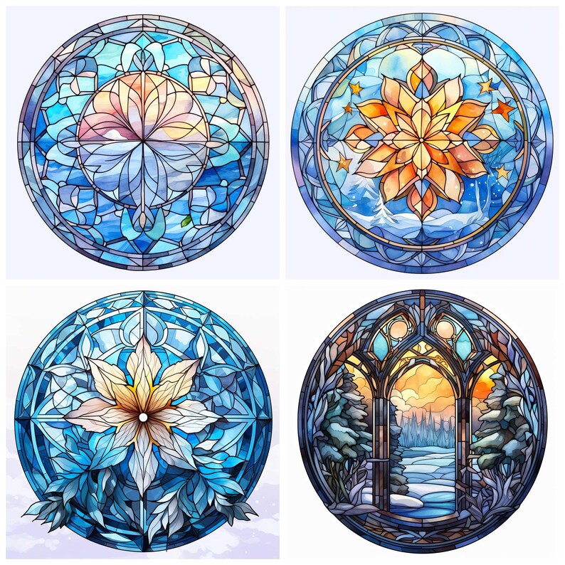 32 Winter Stained Glass PNG Clipart Bundle, Watercolor Colored Snowy ...