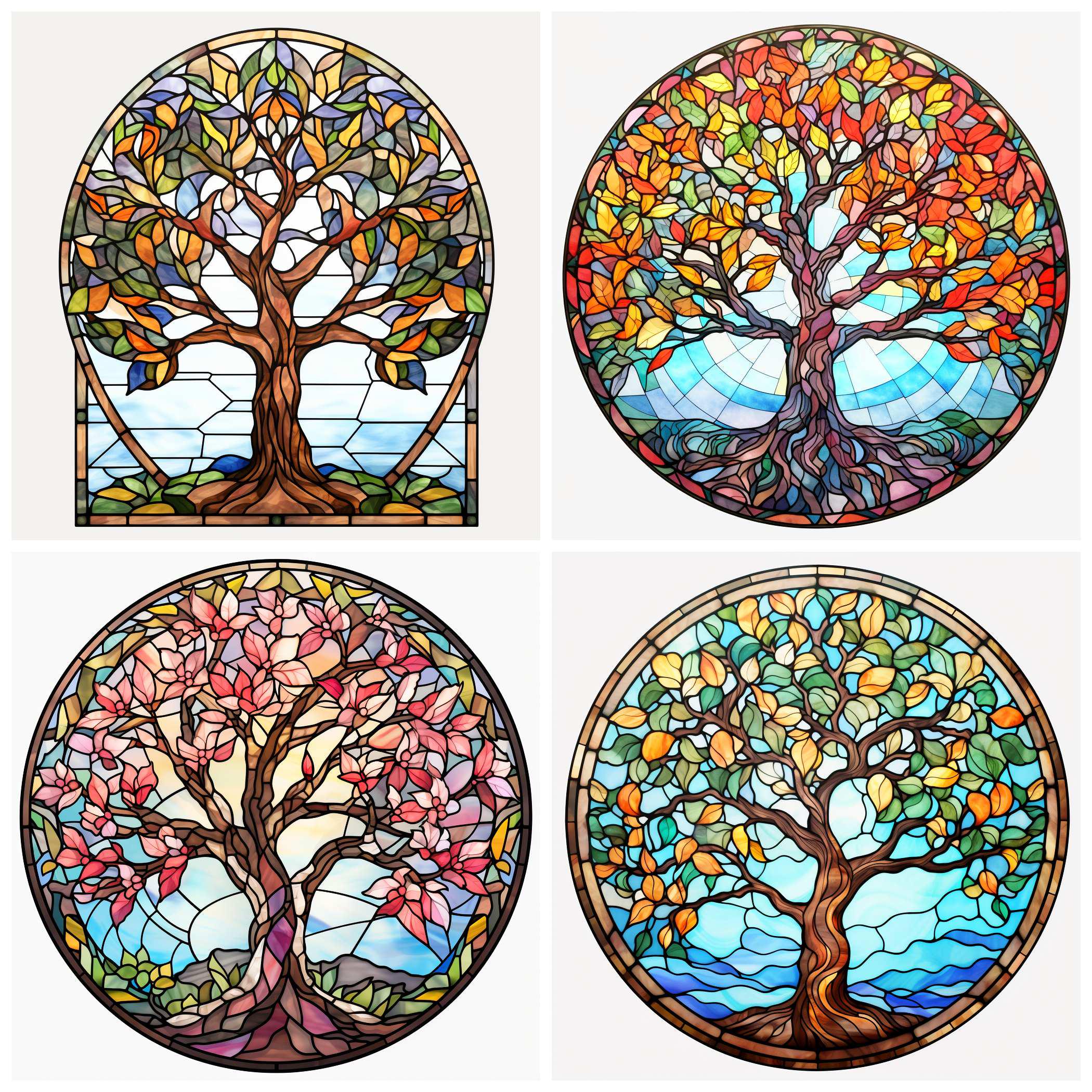 36 Stained Glass Tree PNG Clipart Bundle, Watercolor Colored Glass Tree ...