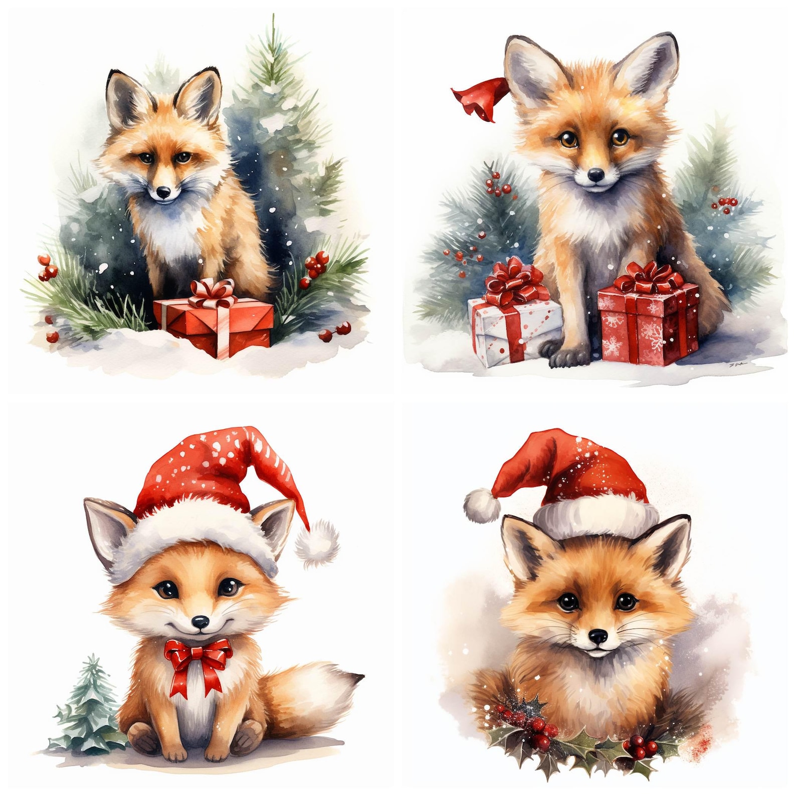 32 Christmas Fox PNG Clipart Bundle, Watercolor Festive Fox POD Images ...