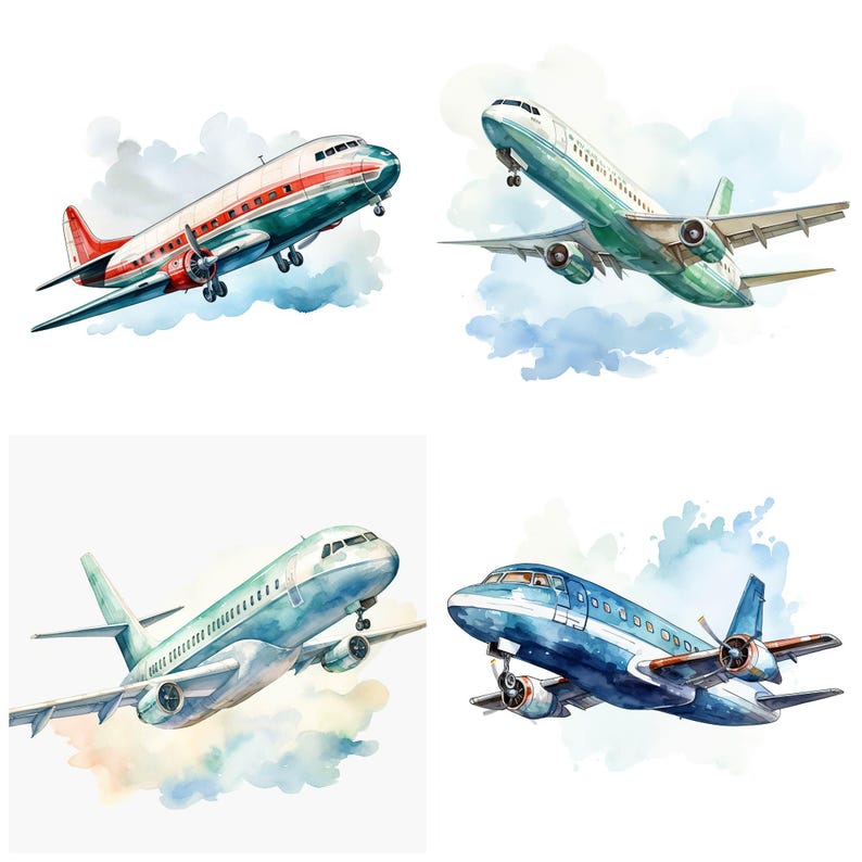 Lot de 32 cliparts PNG avion, aquarelle avion art numérique JPEG ...