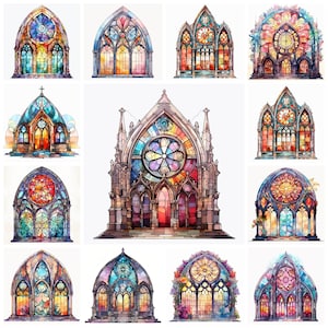 24 Stained Church Glass PNG Clipart Bundle, Watercolor Colored ...