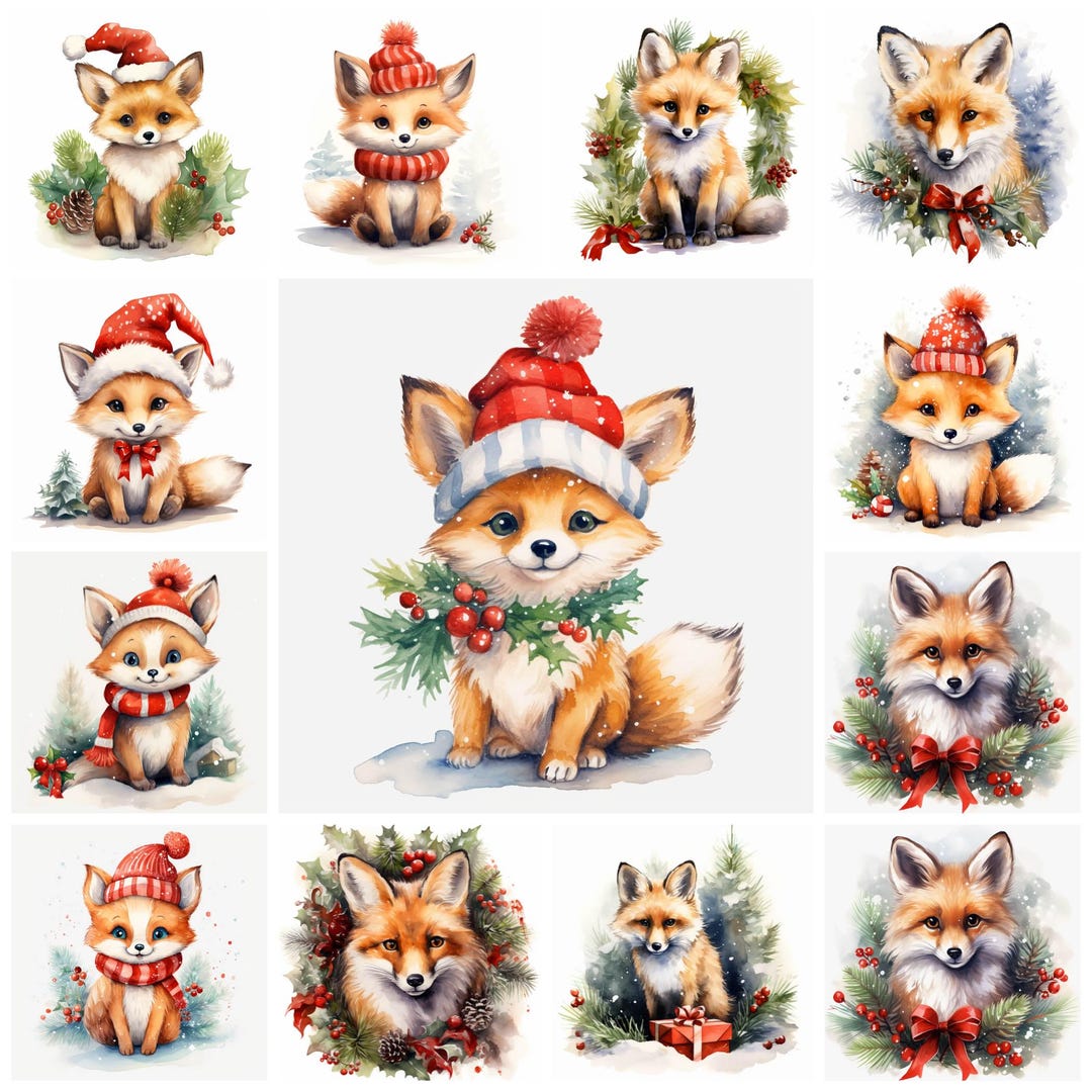 32 Christmas Fox PNG Clipart Bundle, Watercolor Festive Fox POD Images ...