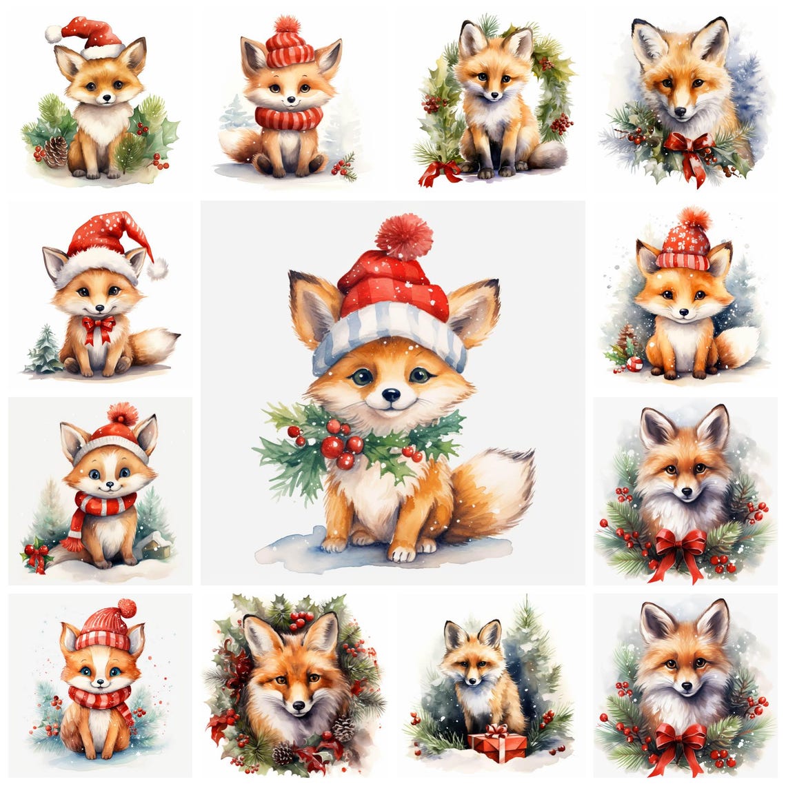32 Christmas Fox PNG Clipart Bundle, Watercolor Festive Fox POD Images ...