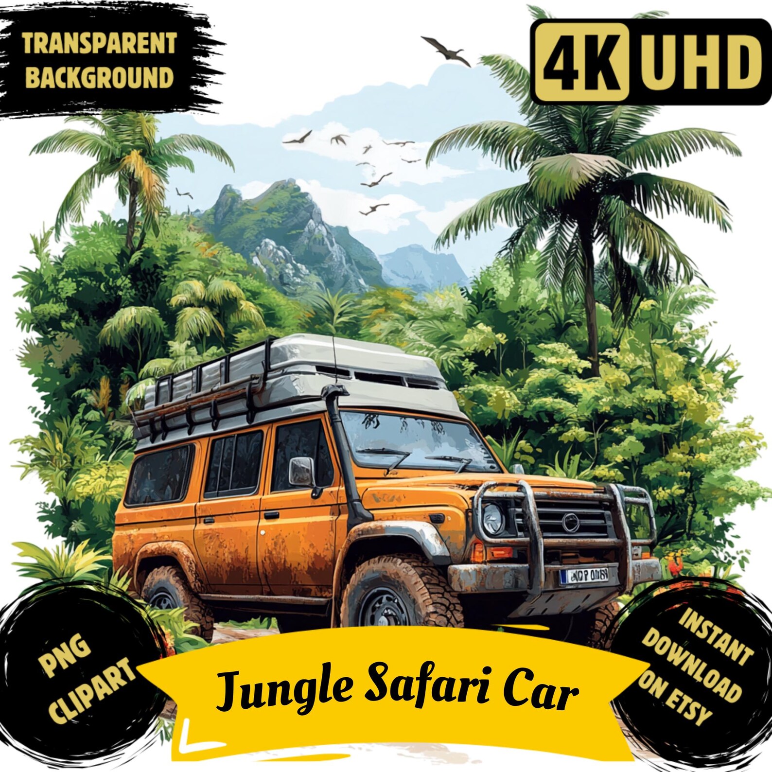 Jungle Safari Car PNG Printable Clipart, Watercolor Forrest Safari Car ...