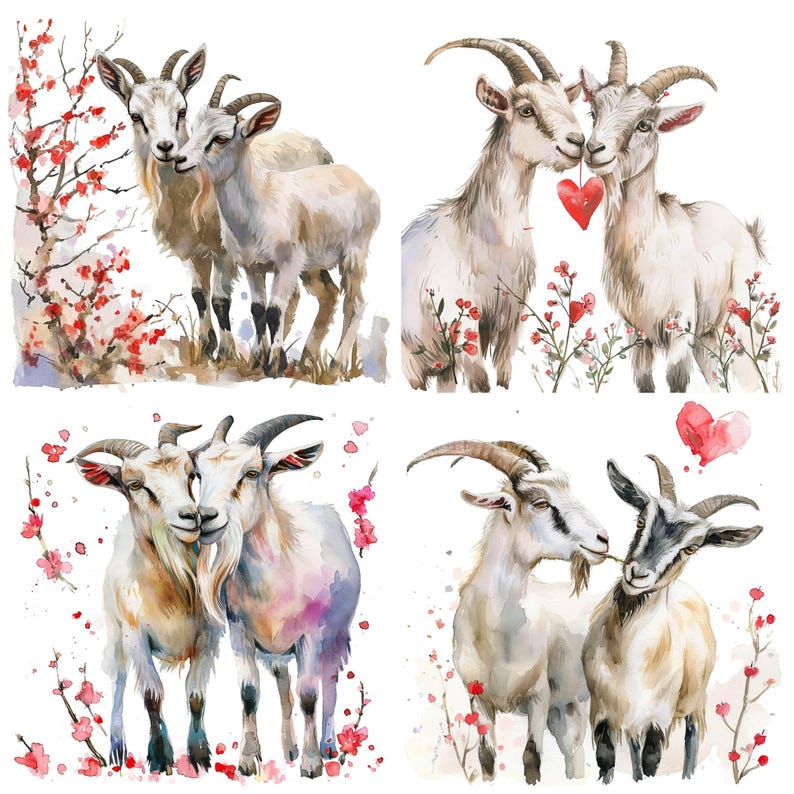30 Valentines Day Goat JPG Clipart Bundle, Watercolor Goat Lover ...
