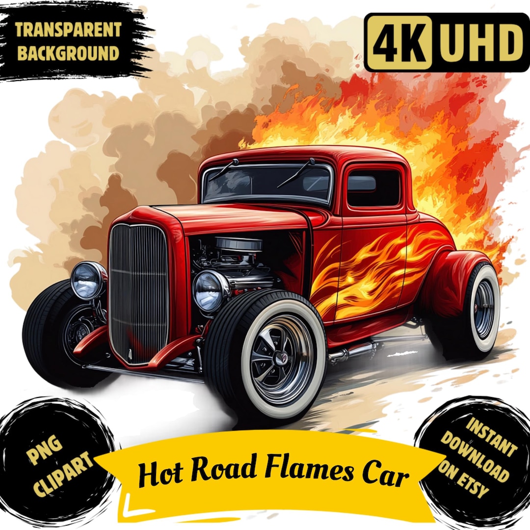 Hot Rod Flames Car PNG Printable Clipart, Watercolor Vintage Fire Car ...