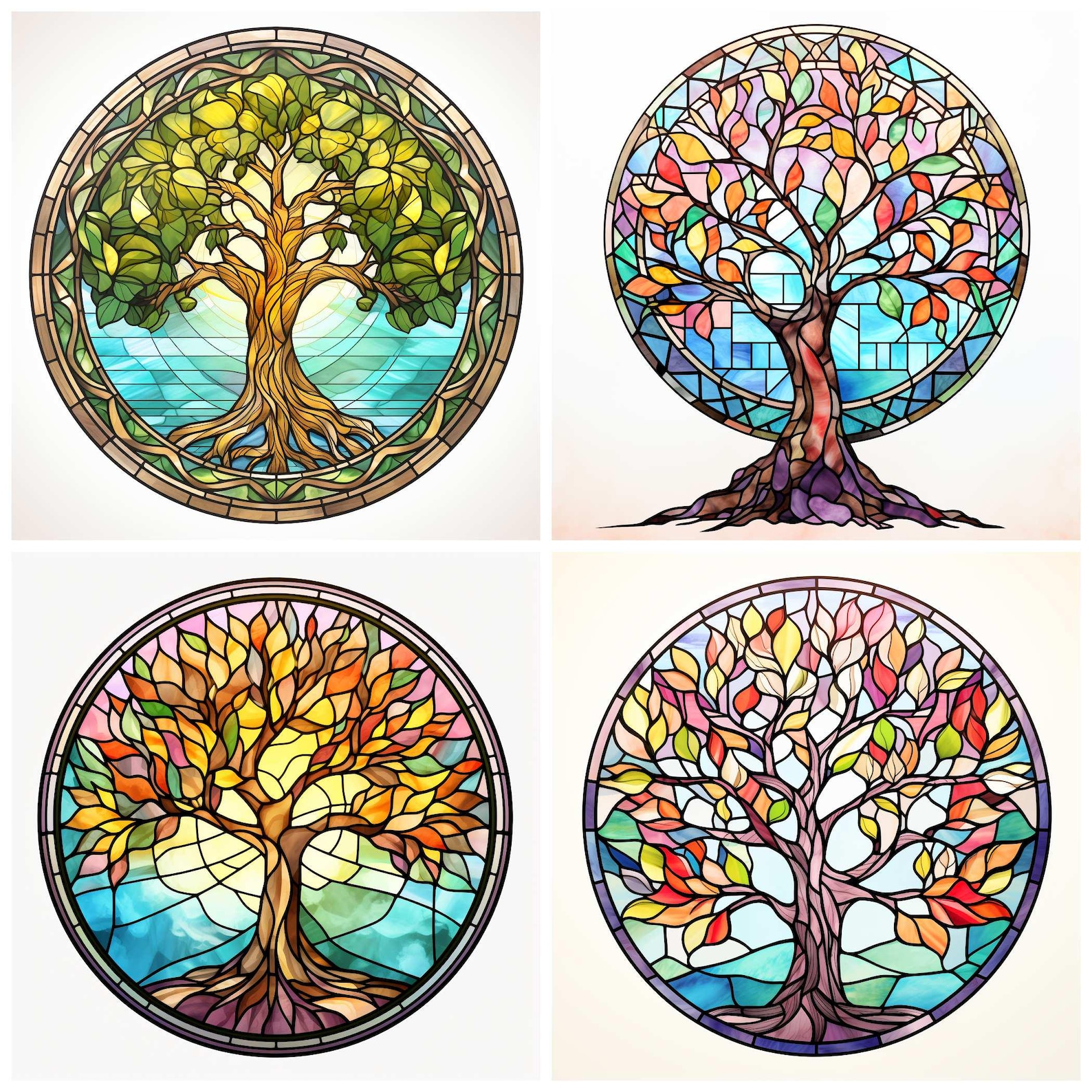 36 Stained Glass Tree PNG Clipart Bundle, Watercolor Colored Glass Tree ...