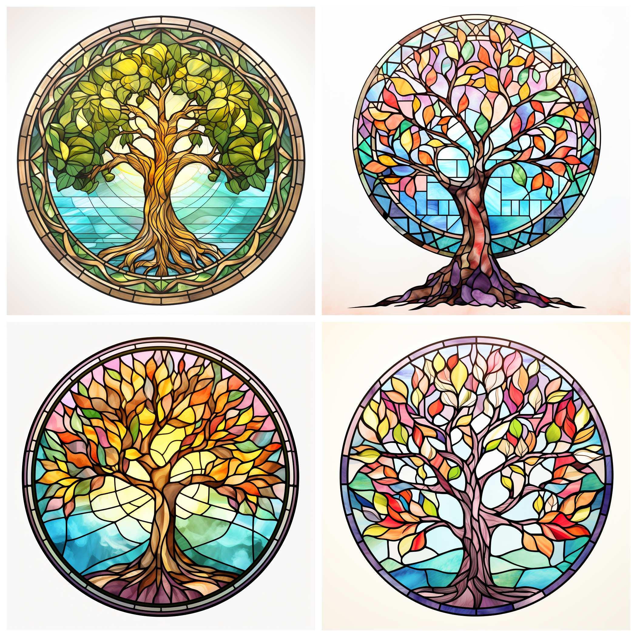 36 Stained Glass Tree PNG Clipart Bundle, Watercolor Colored Glass Tree ...