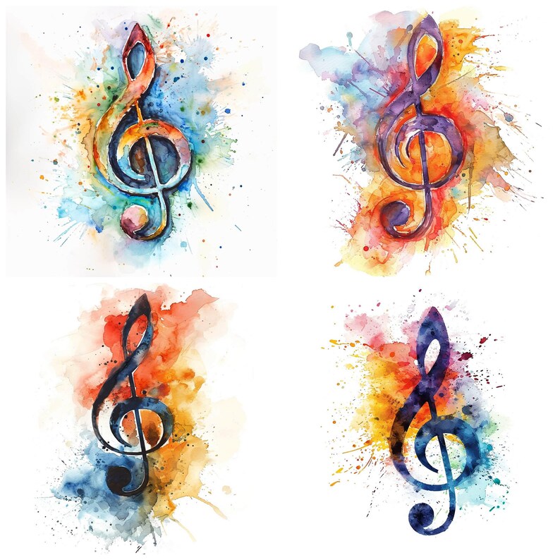 30 Watercolor Treble Clef PNG Clipart, Artistic Music Note Graphic for ...