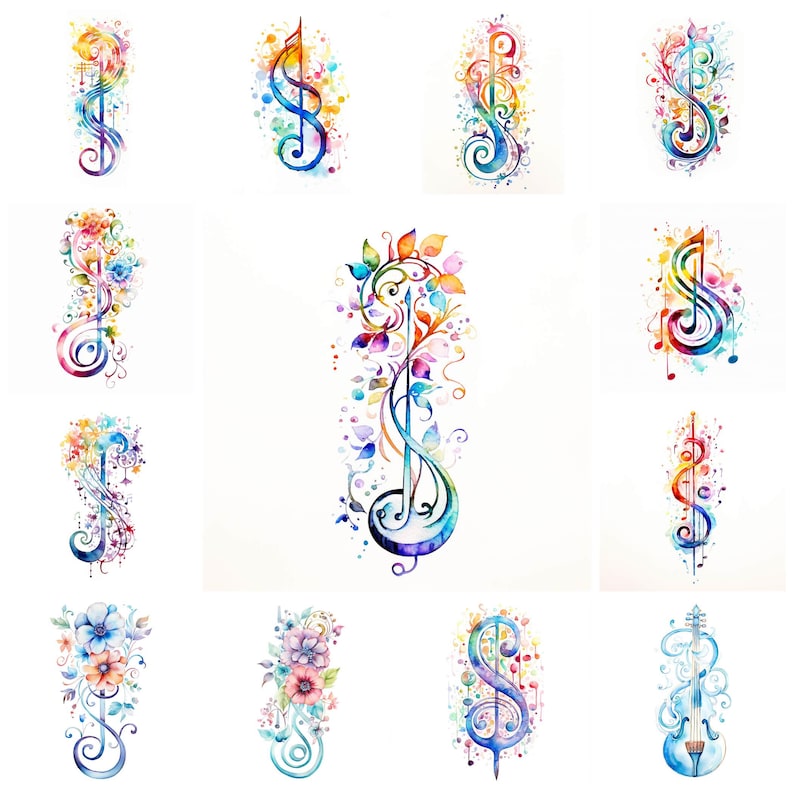 38 Trable Clef PNG Clipart Bundle, Watercolor Abstract G Clef Digital ...