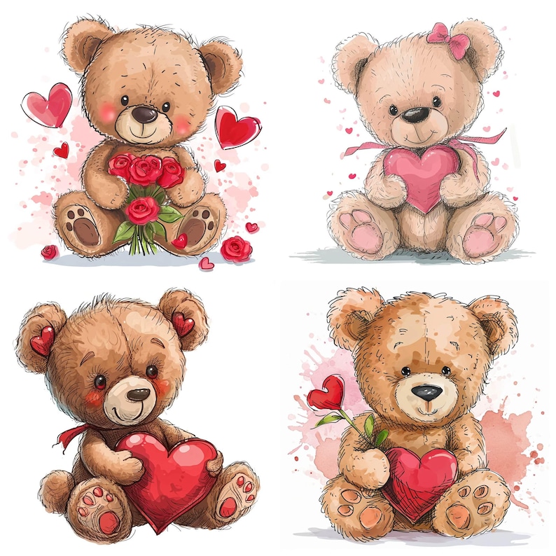 25 Valentine Day Teddy Bear PNG Clipart Bundle, Watercolor Teddy Bear ...