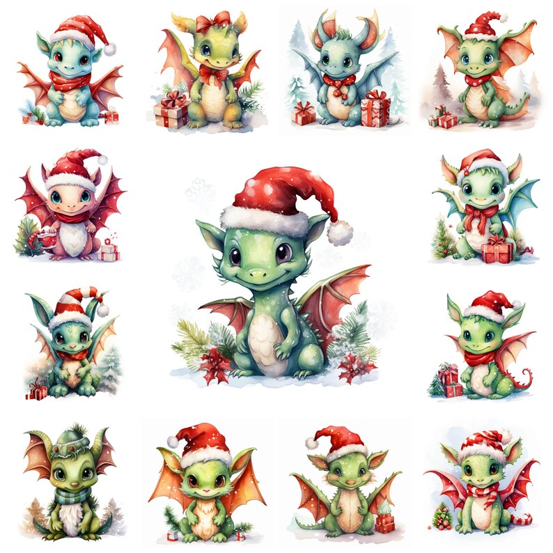 29 Christmas Dragon PNG Clipart Bundle, Watercolor Festive Dragon POD ...
