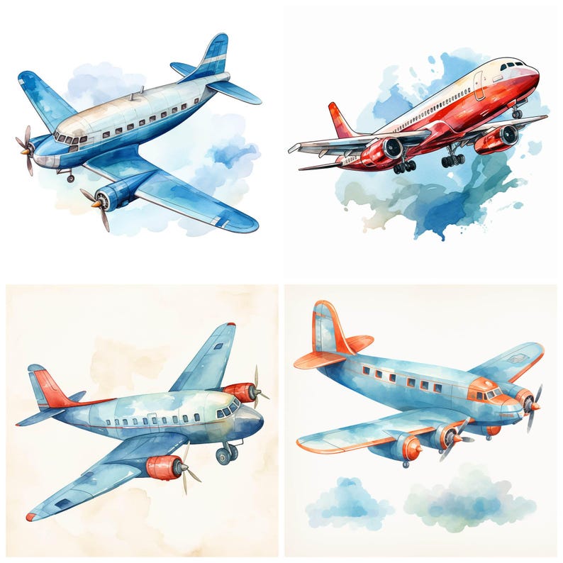 Lot de 32 cliparts PNG avion, aquarelle avion art numérique JPEG ...
