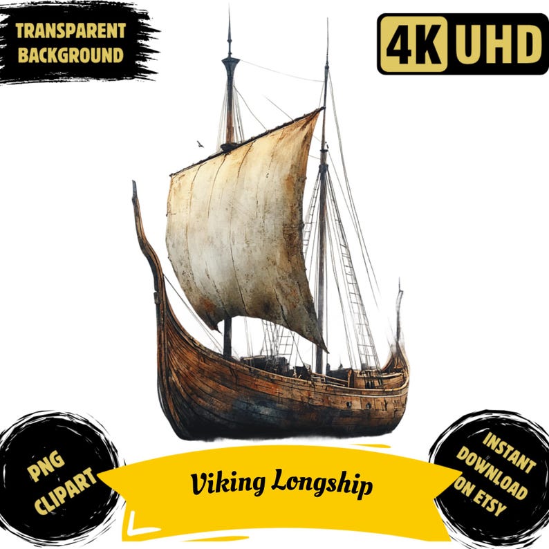 Viking Longship PNG Clipart Bundle, Watercolor Nautical Illustration ...