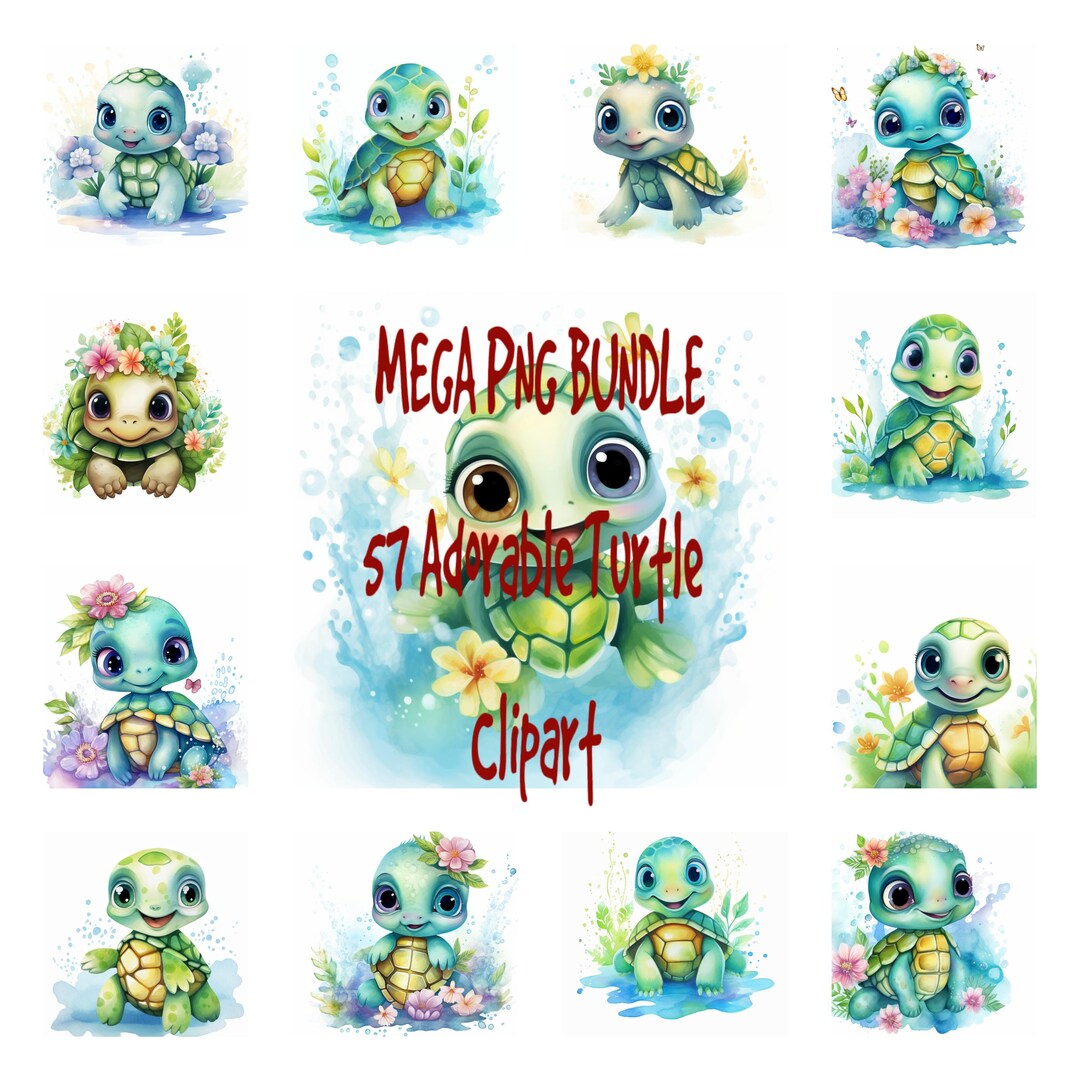 57 Cute Turtle PNG Clipart Bundle, Watercolor Adorable Baby Turtle Wall ...