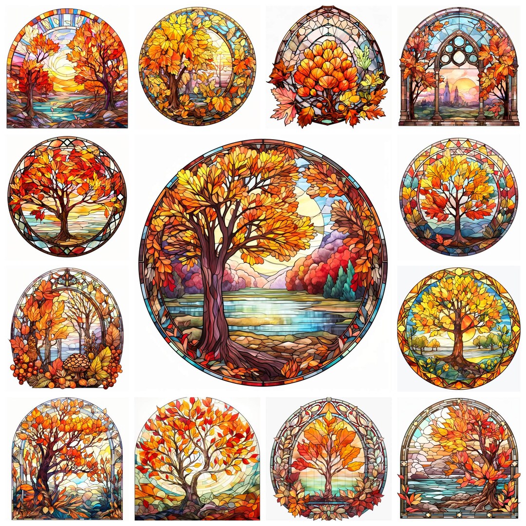 36 Cozy Autumn Stained Glass PNG Clipart Bundle, Watercolor Colored ...