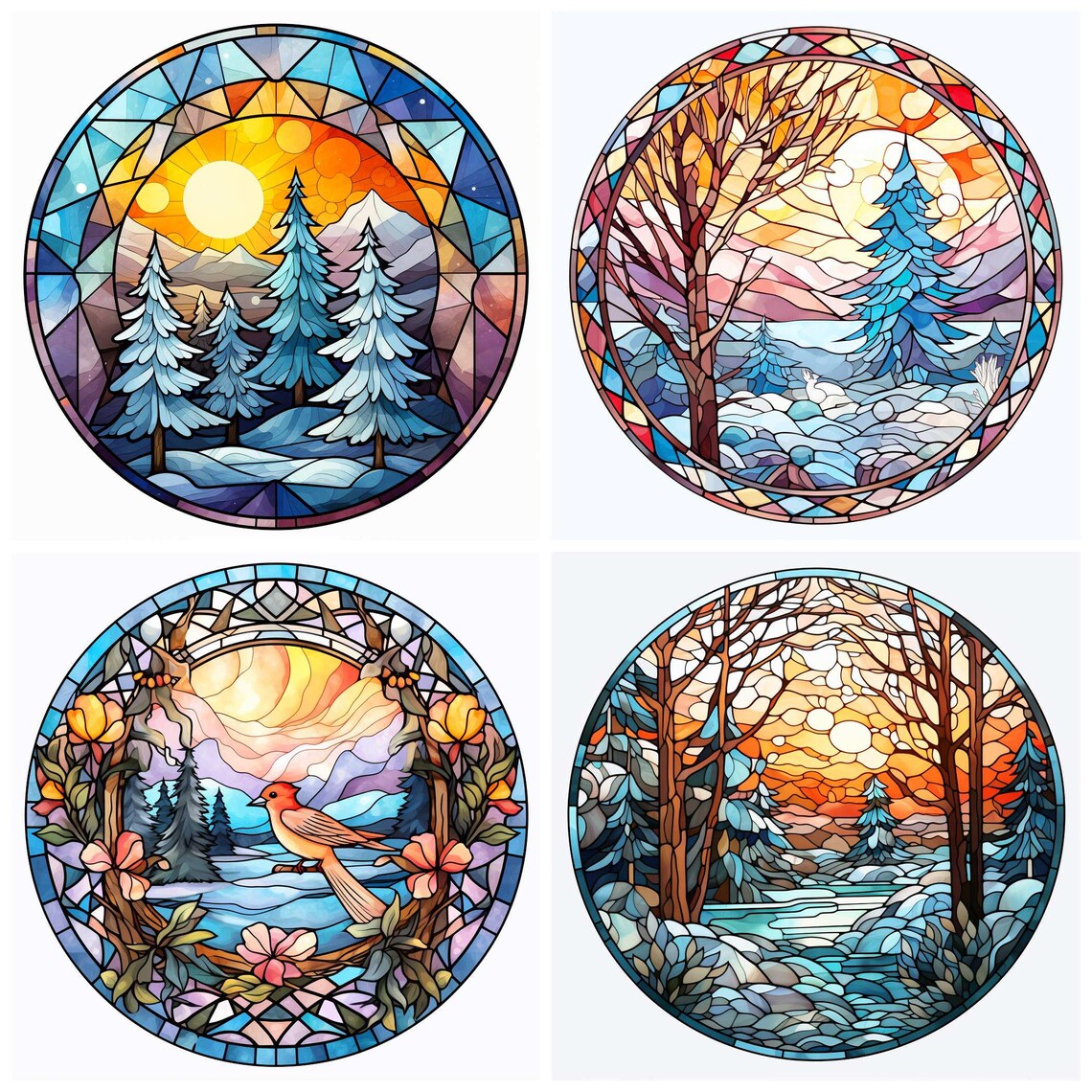 32 Winter Stained Glass PNG Clipart Bundle, Watercolor Colored Snowy ...