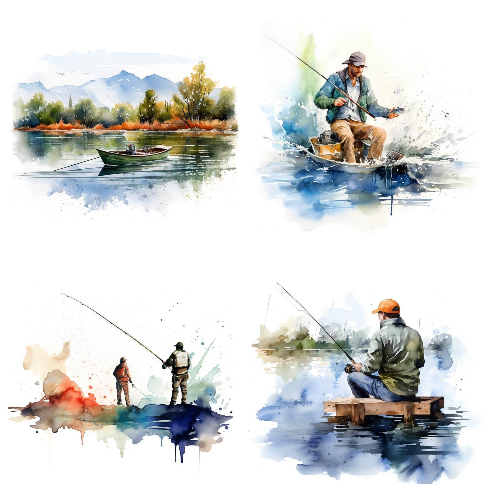 25 Fishing Sport PNG Clipart Bundle, Watercolor Fisherman Digital JPEG ...