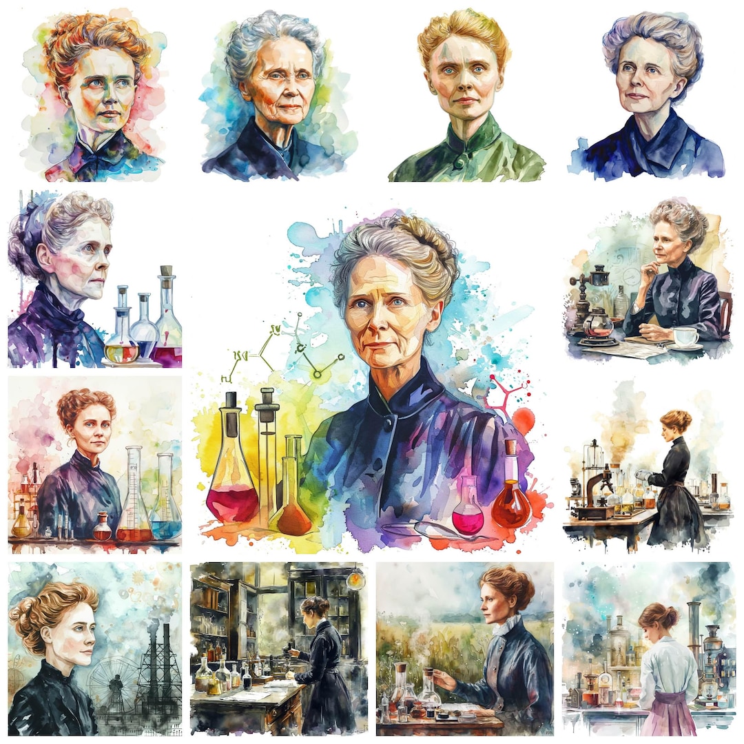 30 Marie Curie JPG Clipart Bundle, Watercolor Science Icon Curie ...
