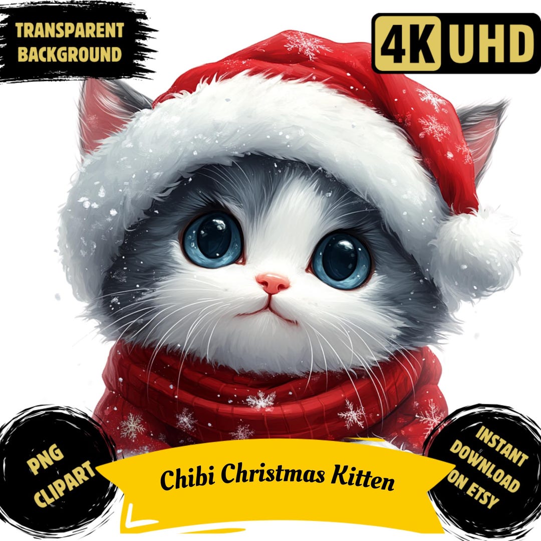Chibi Christmas Kitten PNG Clipart Bundle, Whimsical Xmas Animal ...