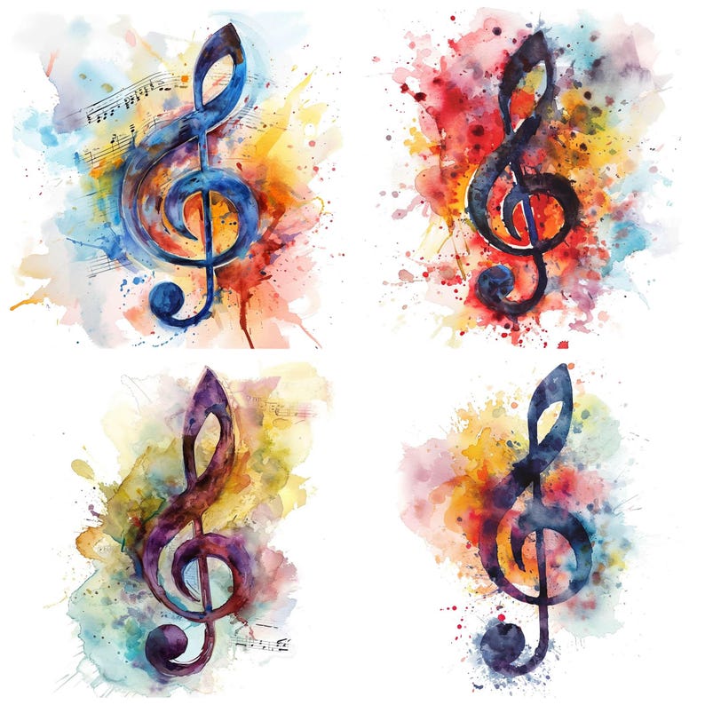 30 Watercolor Treble Clef PNG Clipart, Artistic Music Note Graphic for ...
