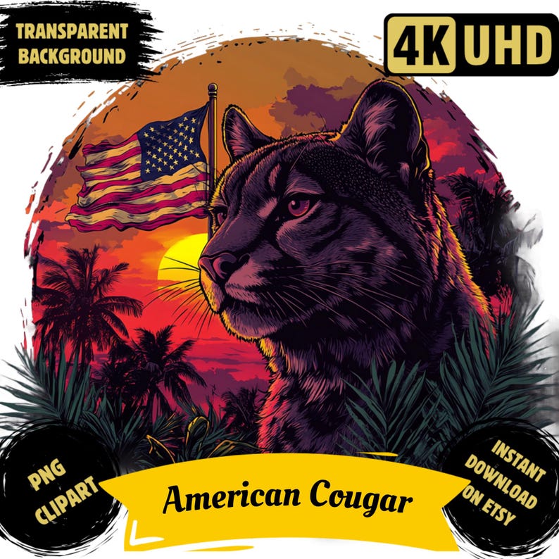 American Cougar PNG Clipart Bundle, Watercolor USA Themed Cougar With ...