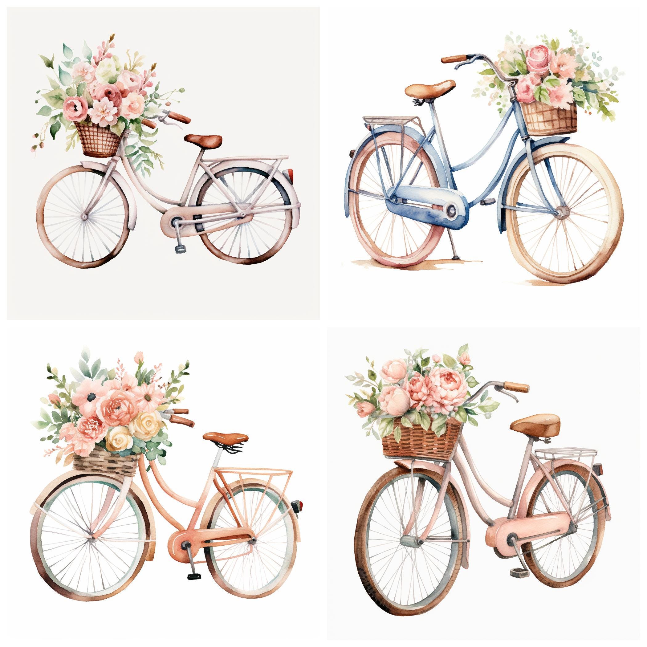 Floral Bicycle PNG Clipart Bundle, Watercolor Blooming Bicycle Digital ...