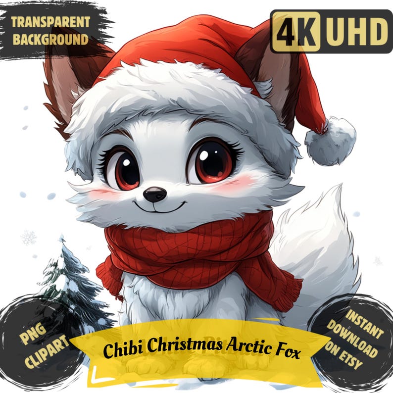 Chibi Christmas Arctic Fox PNG Clipart Bundle, Whimsical Xmas Animal ...