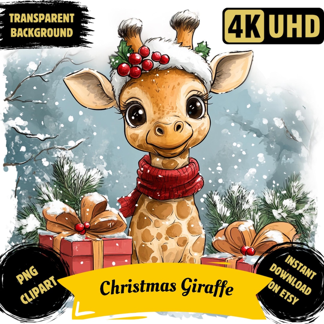 Christmas Giraffe PNG Printable Clipart, Watercolor Xmas Adorable ...
