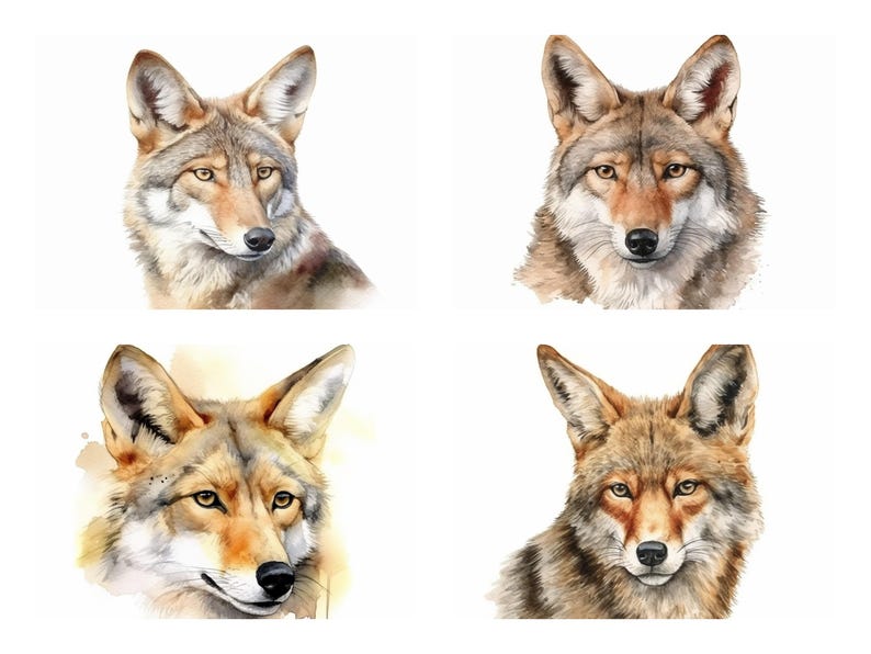 20 Coyote (canis Latrans) PNG Clipart Bundle, Watercolor Desert Coyote ...