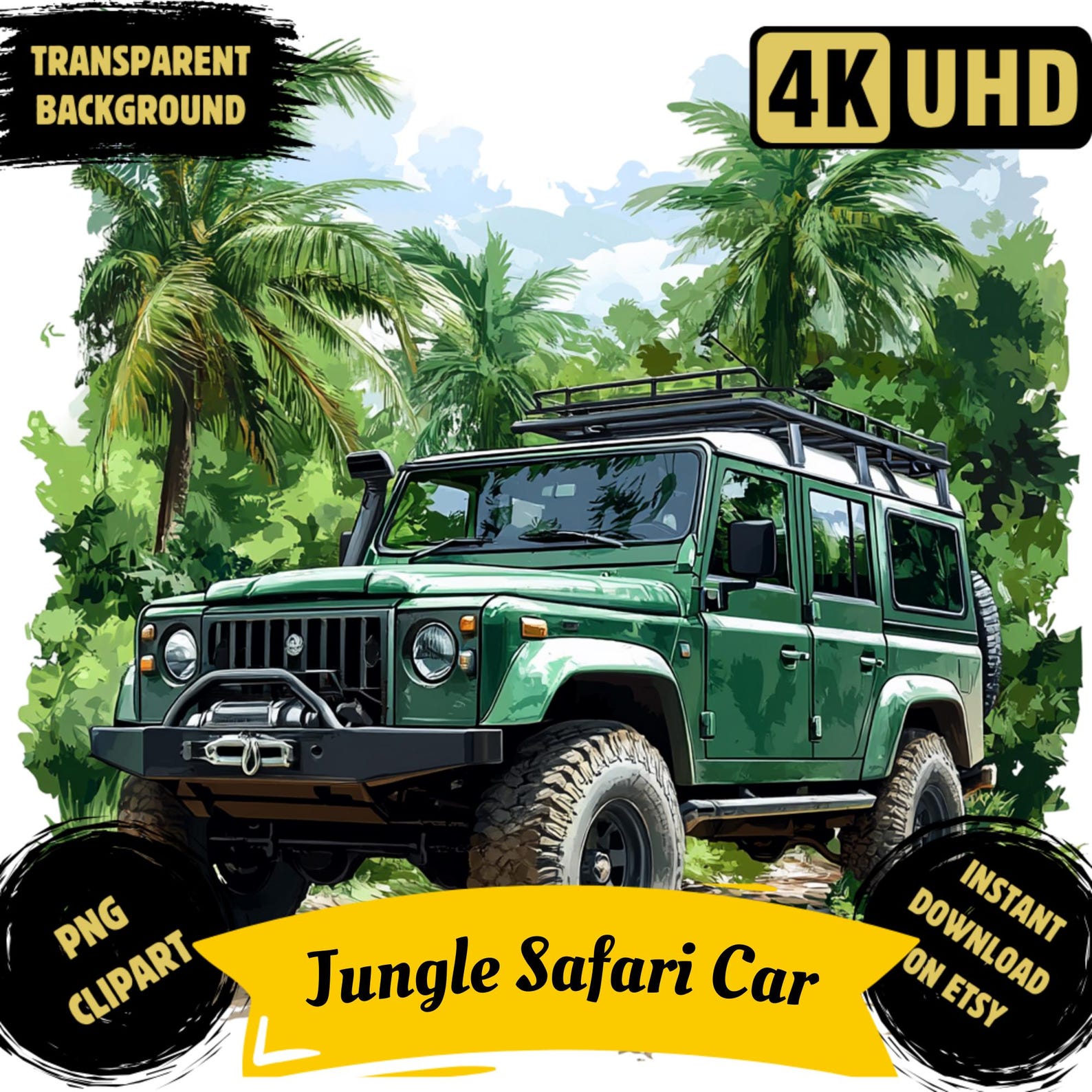 Jungle Safari Car PNG Printable Clipart, Watercolor Forrest Safari Car ...