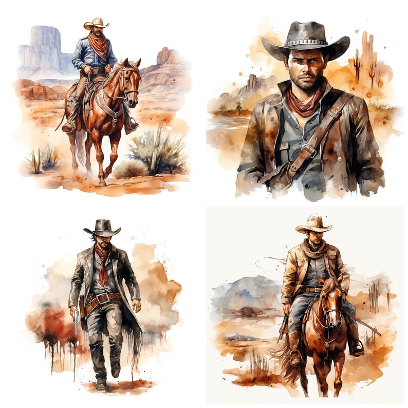 31 Cowboy PNG Clipart Bundle, Watercolor Western Digital Art JPEG ...