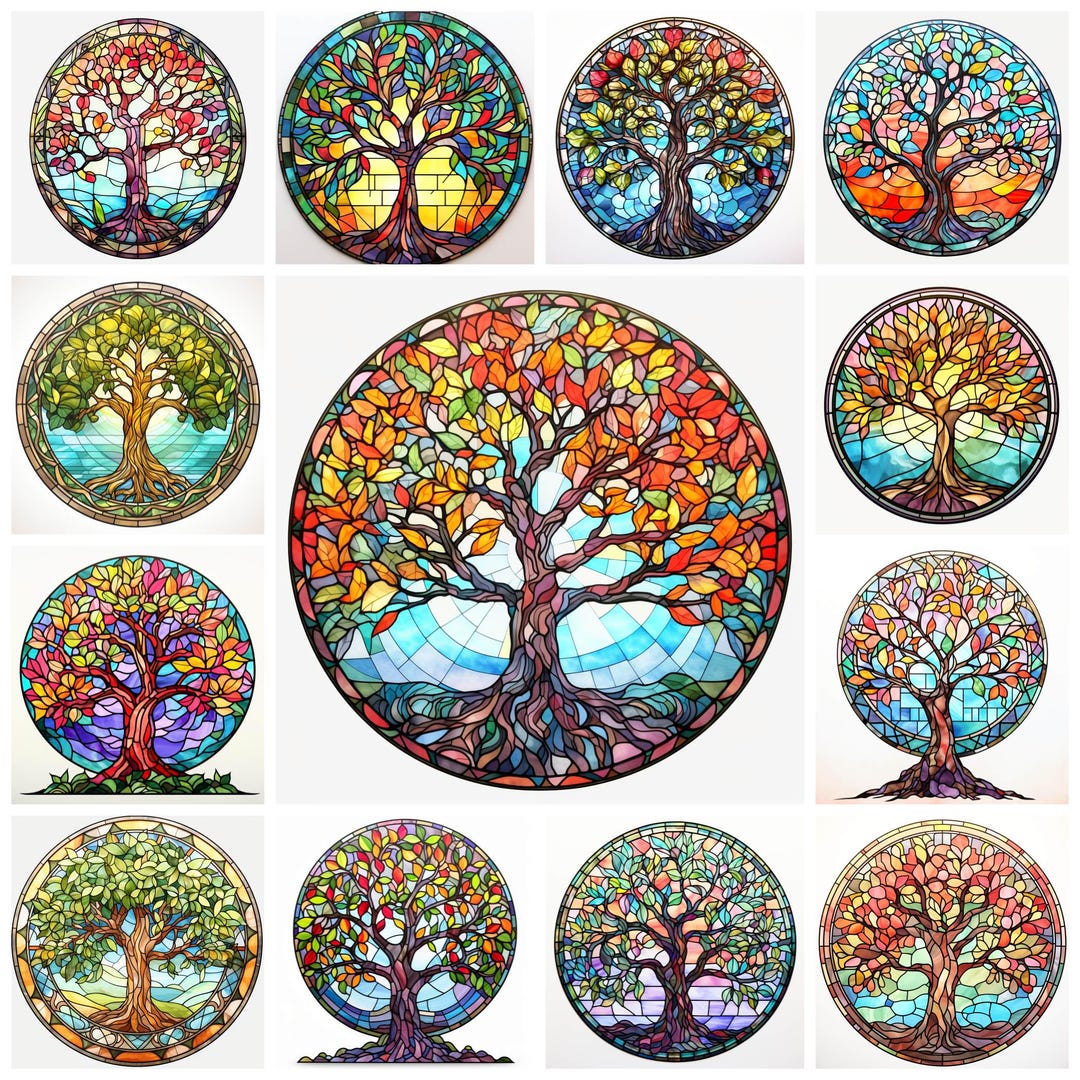 36 Stained Glass Tree PNG Clipart Bundle, Watercolor Colored Glass Tree ...
