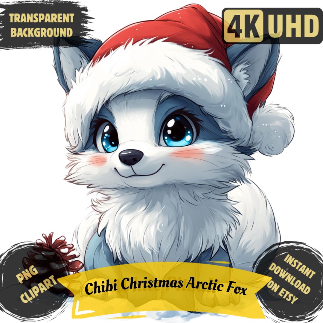 Chibi Christmas Arctic Fox PNG Clipart Bundle, Whimsical Xmas Animal ...