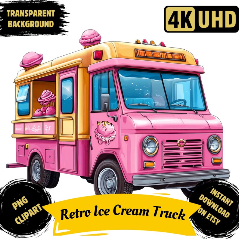Retro Ice Cream Truck PNG Printable Clipart, Watercolor Vintage Ice ...