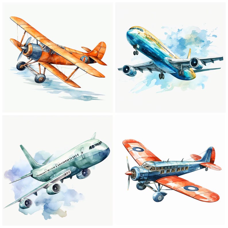 Lot de 32 cliparts PNG avion, aquarelle avion art numérique JPEG ...