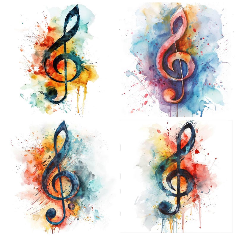 30 Watercolor Treble Clef PNG Clipart, Artistic Music Note Graphic for ...