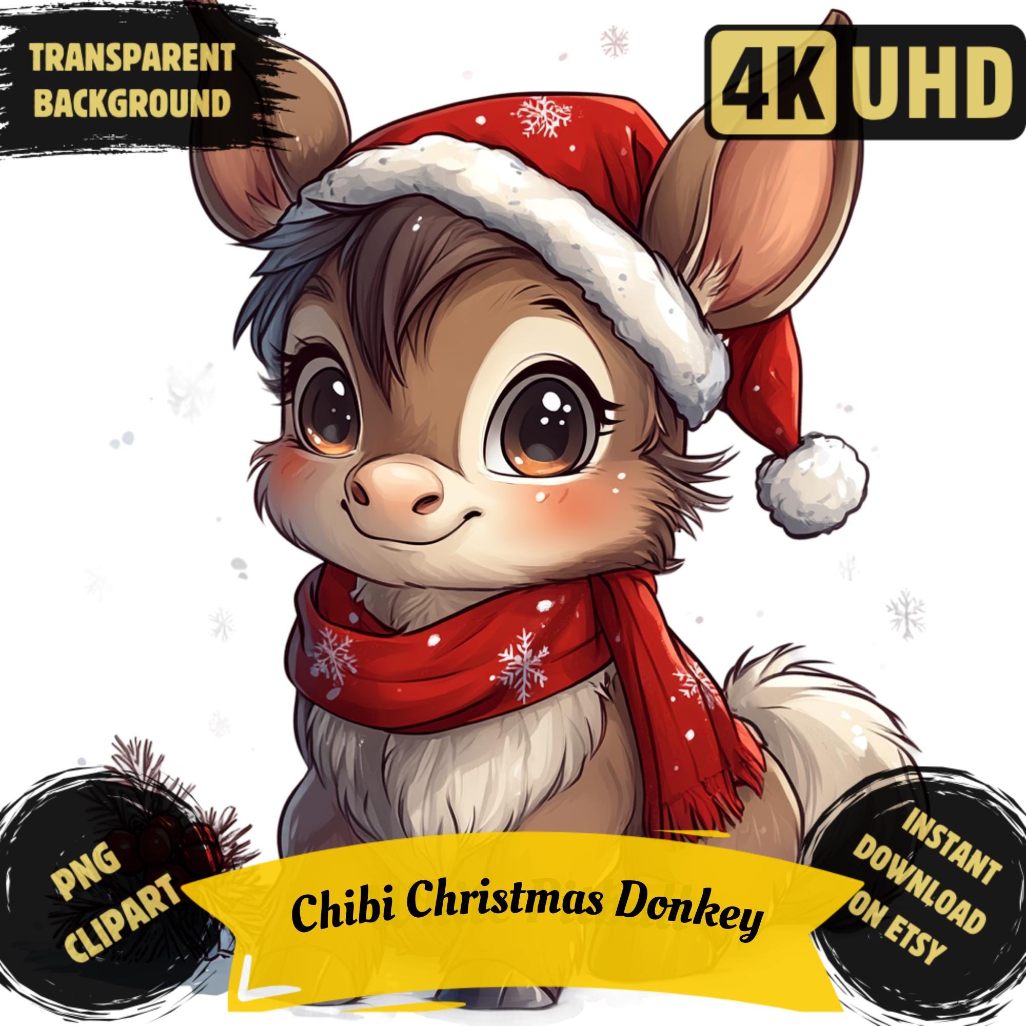 Chibi Christmas Donkey PNG Clipart Bundle, Whimsical Xmas Animal ...