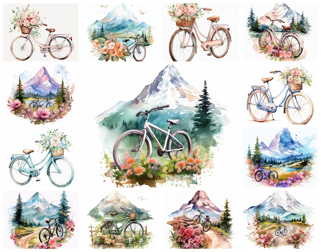 Floral Bicycle PNG Clipart Bundle, Watercolor Blooming Bicycle Digital ...