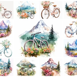 Floral Bicycle PNG Clipart Bundle, Watercolor Blooming Bicycle Digital ...