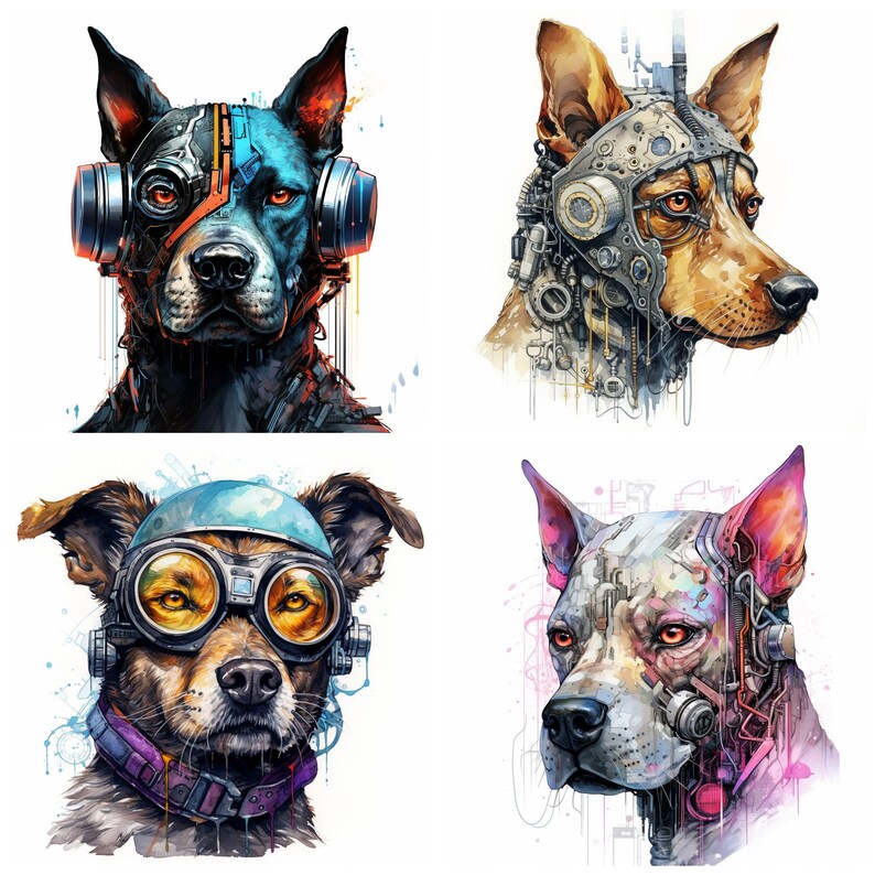 Cyberpunk Dog JPG Clipart Bundle, Watercolor Robotic Dog Digital Art ...